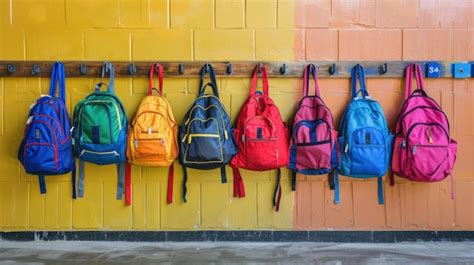 A Line Of School Backpacks Hanging On Hooks Outside A Classroom Premium Ai Generated Image
