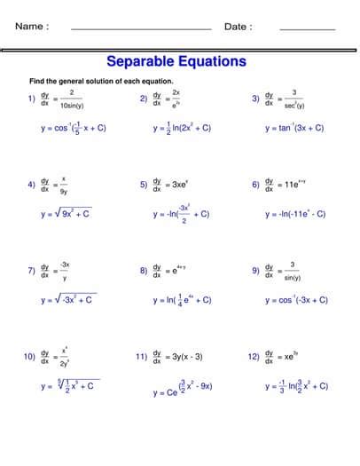 Calculus Worksheets Solving Separable Equations Of Differential Equations
