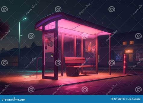 Illustration Of A Bus Stop At Night 3d Rendering Stock Illustration