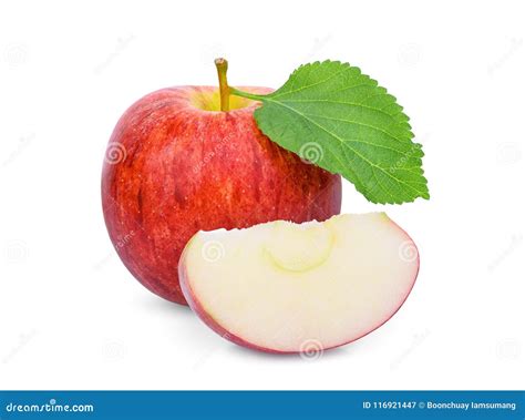 Whole And Slice Red Apple With Green Leaf Isolated On White Stock Image