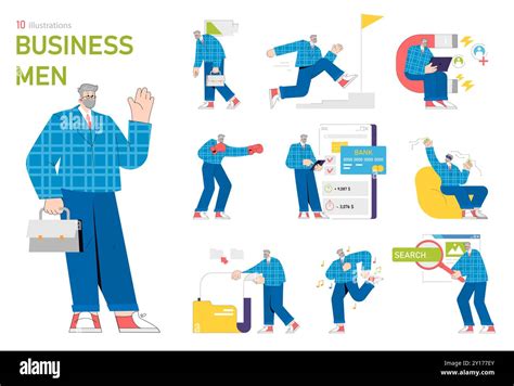 Businessmen Set Professional Activities And Daily Tasks Depicted Across Ten Engaging Scenarios