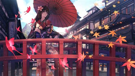 Anime Girl In Kimono Maple Leaf 4k 2950g Wallpaper Pc Desktop