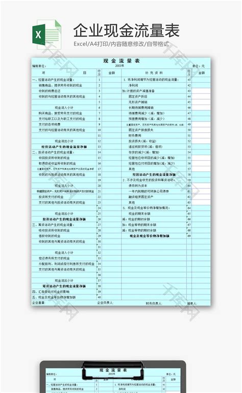 企业现金流量表EXCEL模板 千库网 excelID85660