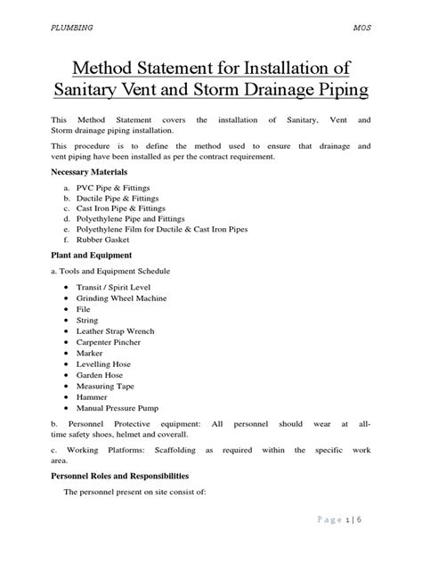 Method Statement For Installation Of Sanitary Vent Storm Drainage Piping Pdf Pipe Fluid