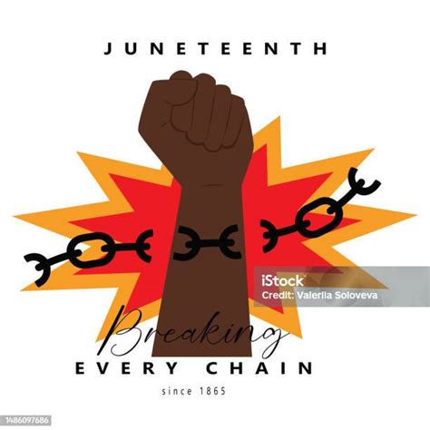 준틴스 자유의 날 1865년 이래로 모든 사슬을 꽉 쥔 주먹 타이포그래피 인사말 카드 아프리카계 미국인 휴일 독립 기념일 흰색 배경에 격리된 벡터 그림 6월에 대한 스톡