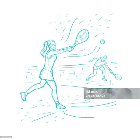 코트에서 함께 테니스를 치는 남자와 여자 테니스 스포츠 경연 대회 흰색 배경에 그림 그리는 벡터 손 그림 스케치 라켓 스포츠