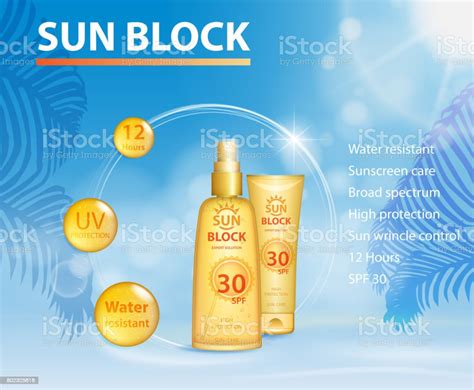 선크림 광고 템플릿 태양 보호 자외선 노출 및 일광욕 화장품 디자인 얼굴 로션 및 태닝 바디 오일 팜 써니 비치 여름 배경 Spf와 Uv 보호합니다 벡터 일러스트 레이 션