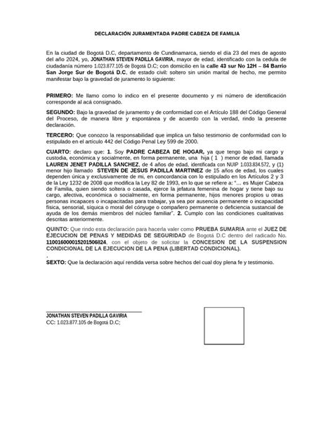 Declaracion Extrajuicio Padre Cabeza De Hogar Jonathan Padilla Pdf