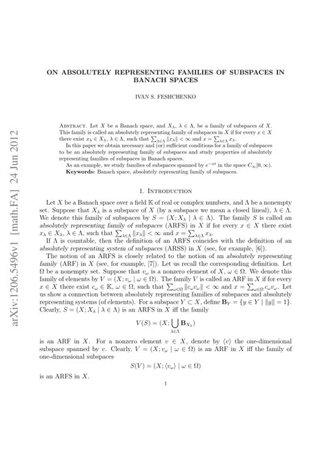 Pdf On Absolutely Representing Families Of Subspaces In Banach Spaces