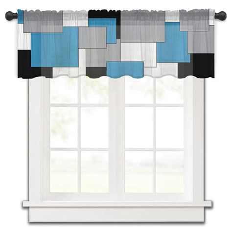 Blue Black Grey Patchwork Abstract Art Medieval Style Sheer Curtains