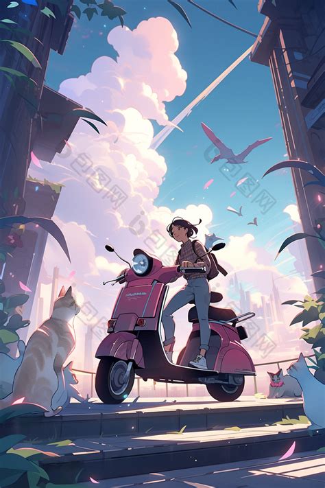 骑摩托车的小女孩插画梦幻天空飞鸟高清图片下载 包图网