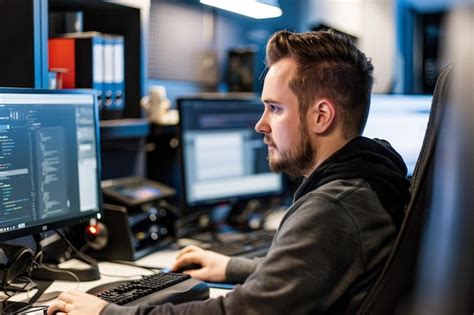 premium photo a man sits in front of a computer monitor focused on analyzing data for