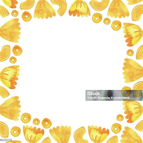 메뉴 인증서 및 소책자를 디자인하고 카페를 광고하기 위한 다양한 유형의 이탈리아 파스타의 정사각형 프레임입니다 고립된 수채화 그림입니다 클립 아트 가정 주방에 대한 스톡