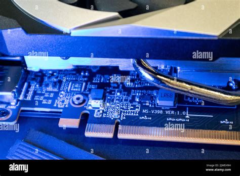 Gpu Graphics Or Video Card Electrical Contacts On A Chip Close Up In Blue Light Pc Hardware