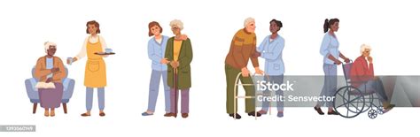 요양원의 노인들이 간호사와 도우미 보조원으로부터 보살핌을받습니다 벡터 플랫 만화 캐릭터 책을 읽는 할머니 막대기로 걷고있는 할아버지 휠체어 도움 노인에 대한 스톡 벡터 아트