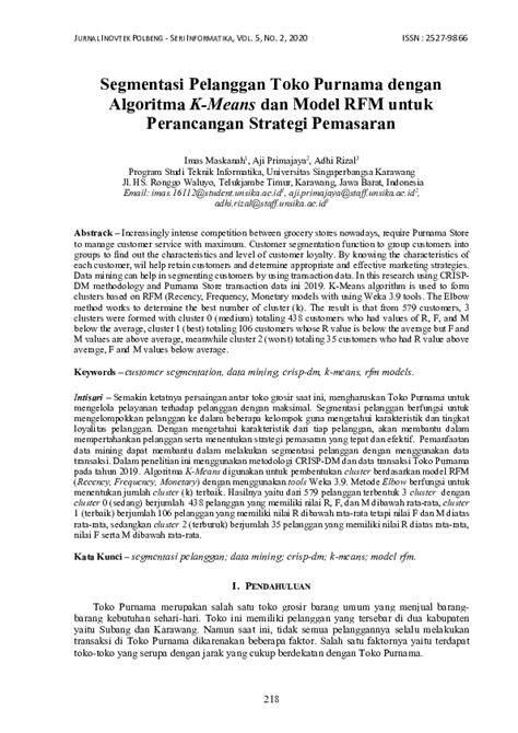 Pdf Segmentasi Pelanggan Toko Purnama Dengan Algoritma K Means Dan Model Rfm Untuk Perancangan
