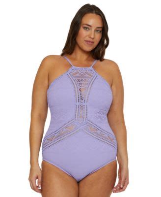 Becca Etc Plus Size Color Play Crocheted High Neck One Piece Swimsuit