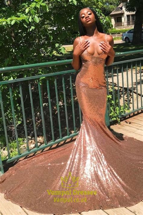 Rose Gold Deep V Neck Spaghetti Straps Sequin Mermaid Prom Dresses