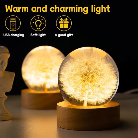 Led Flowers Crystal Glass Ball Night Light With Woodern Base Home