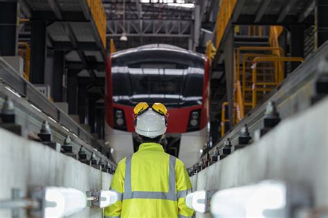 프로젝트 엔지니어 기차 열차의 디젤 엔진 열차 창고의 철도 트랙을 검사하십시오 공장 산업 건물에 대한 스톡 사진 및 기타 이미지