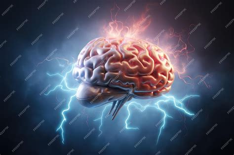 어두운 배경에 번개를 가진 인간의 뇌 3d 일러스트레이션 인간의 뇌의 3d 렌더링과 함께 번개를 동반한 브레인스토밍 개념 프리미엄 Ai 생성 이미지