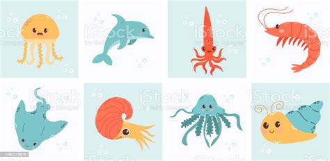 손으로 그린 바다 생물 요소로 설정합니다 당신의 디자인을 위한 해양 생물 개체의 벡터 낙서 만화 세트 바다 생물 귀여운 고래 오징어 문어 가오리 해파리 물고기 게 해마