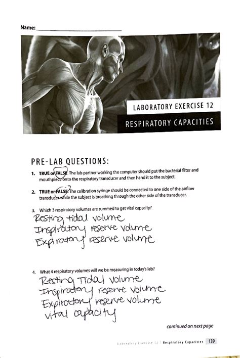 Bio 2301 Pre Lab 12 Lab Homework Name I Respiratory Capacities Pre Lab Questions 1