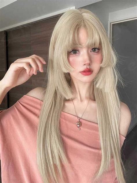Blonde Hime Cut Long Straight Synthetic Wig 2025 Japon Saç Modelleri