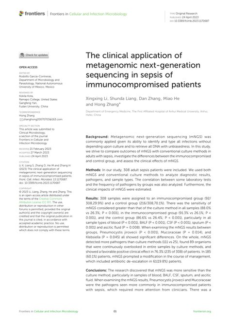 Pdf The Clinical Application Of Metagenomic Next Generation Sequencing In Sepsis Of
