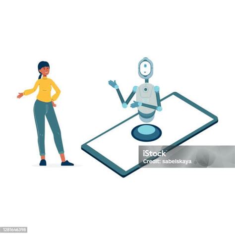 Wanita Berbicara Dengan Virtual Chatbot Asisten Vektor Datar Ilustrasi Terisolasi Ilustrasi Stok
