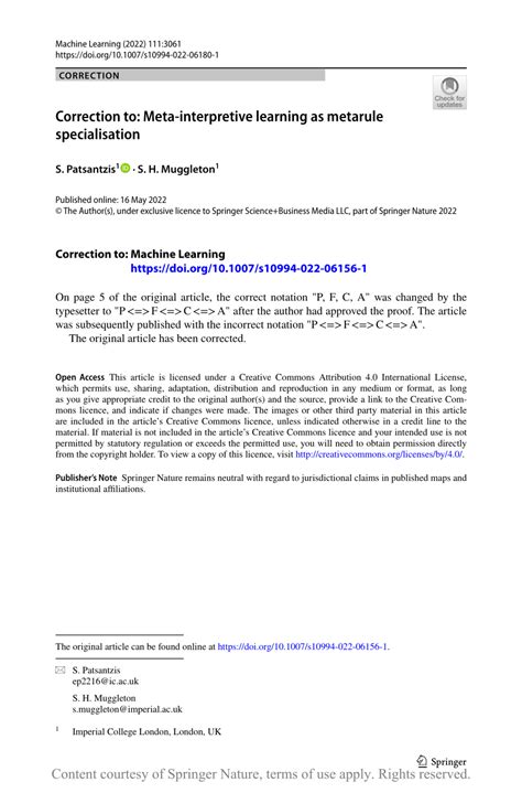 pdf correction to meta interpretive learning as metarule specialisation
