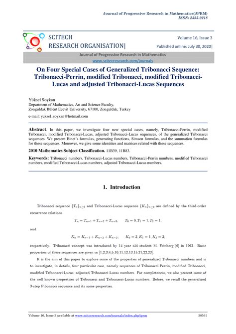 pdf on four special cases of generalized tribonacci sequence tribonacci perrin modified