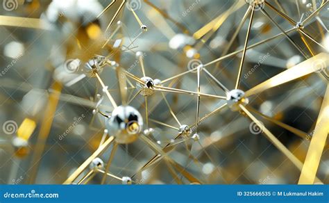 Abstract 3d Rendering Of Metallic Spheres Connected By Golden Lines Symbolizing Network