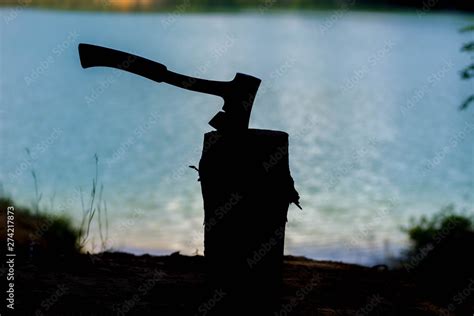 Ax Stuck In The Stump Wooden Stump In The Forest Deforestation Man Felled Tree Woodcutter S