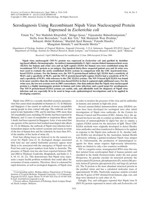 Pdf Serodiagnosis Using Recombinant Nipah Virus Nucleocapsid Protein Expressed In Escherichia Coli