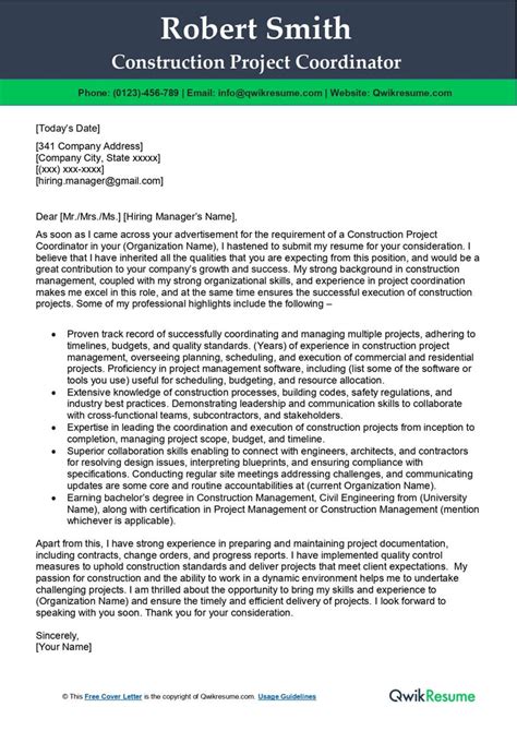 Construction Project Coordinator Cover Letter Examples Qwikresume