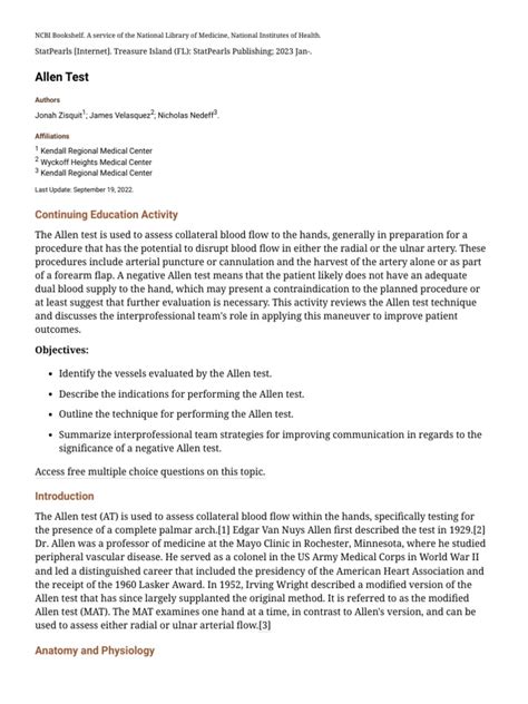 Allen Test Statpearls Ncbi Bookshelf Pdf Hand Artery
