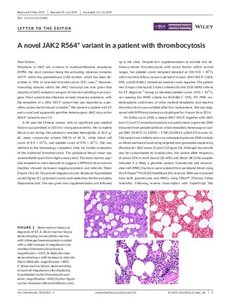 Pdf A Novel Jak2 R564 Variant In A Patient With Thrombocytosis