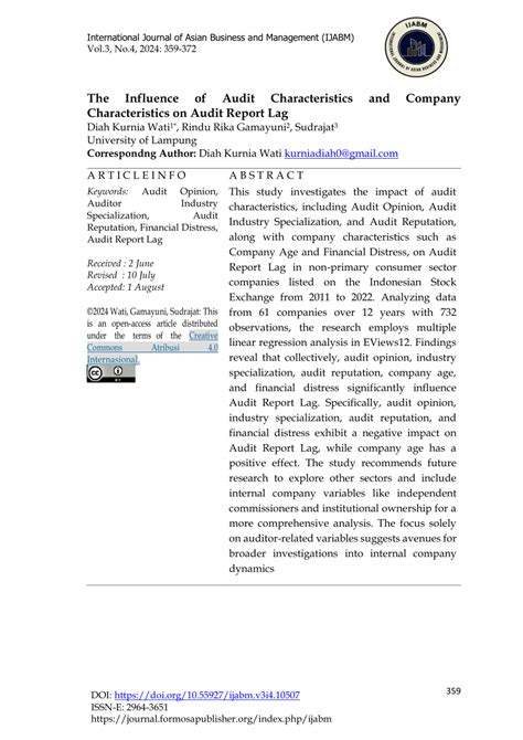 Pdf The Influence Of Audit Characteristics And Company Characteristics On Audit Report Lag