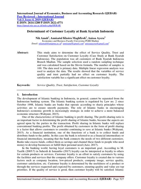 Determinant Of Customer Loyalty At Bank Syariah Indonesia Pdf