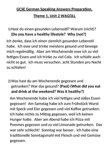 New Aqa Gcse German Example Speaking Questions And Wagoll Unit 2 Teaching Resources