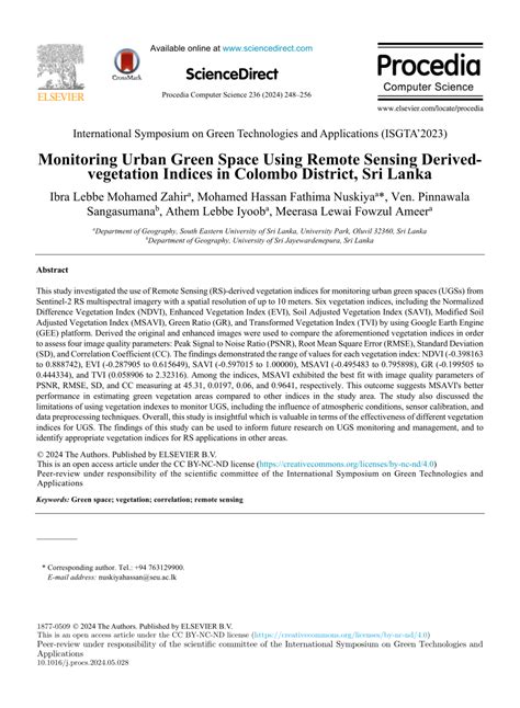Pdf Monitoring Urban Green Space Using Remote Sensing Derived Vegetation Indices In Colombo