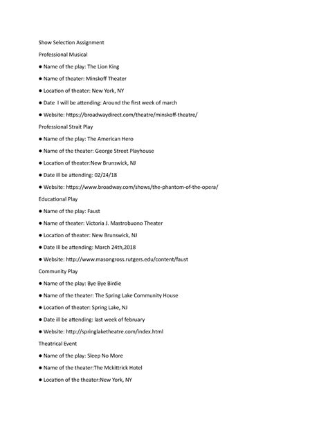 Show Selection Assignment Show Selection Assignment Professional Musical Name Of The Play The
