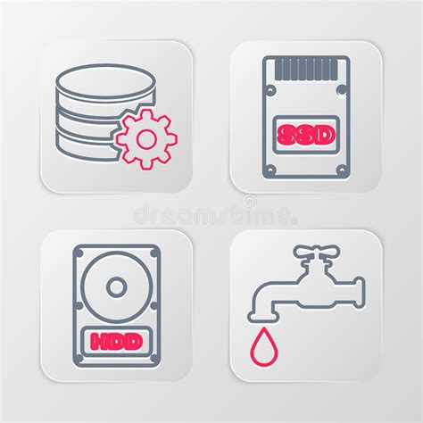 Set Line Water Tap Hard Disk Drive HDD SSD Card And Setting Database Server Icon Vector Stock