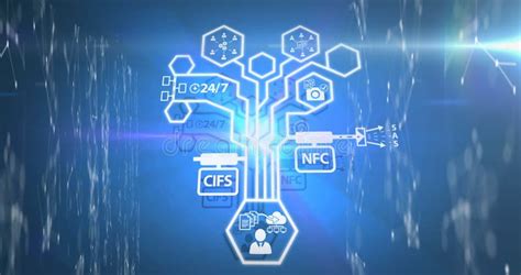 Displaying Central Network Diagram Glowing In Virtual Dashboard With Hexagonal Protocol Icons