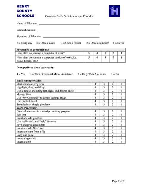 Fillable Online Hit Computer Skills Self Assessment Checklistdoc Fax