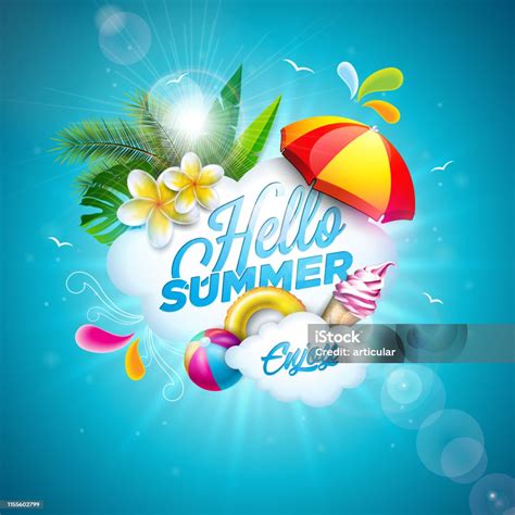 꽃과 바다 파란색 배경에 비치 볼과 벡터 안녕하세요 여름 휴가 그림 열 대 식물 플 로트 야자수 잎 아이스크림 및 선 쉐 이드