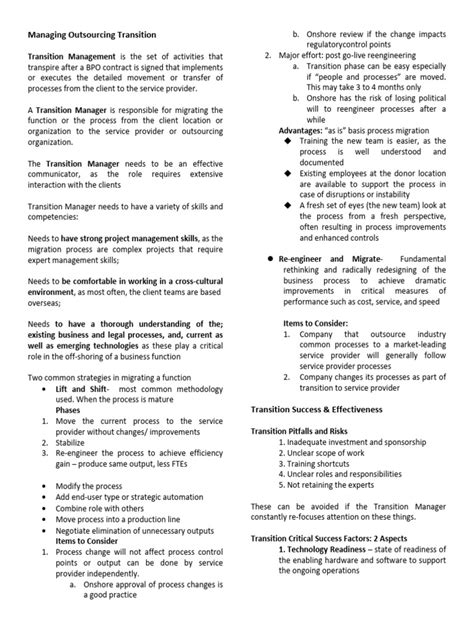 Managing Outsourcing Transition Pdf Outsourcing Offshoring