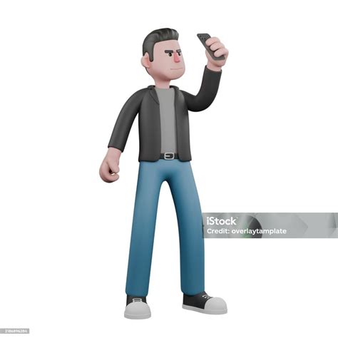전문 시나리오 작가 만화 일러스트레이션 한 남성 시나리오 작가가 왼손에는 핸드폰을 들고 오른손에는 핸드폰을 들고 서 있다 3d 캐릭터 모델 3차원 형태에 대한 스톡 사진 및