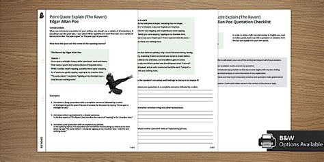Point Quote Explain Activity Sheet The Raven Edgar Allan Poe